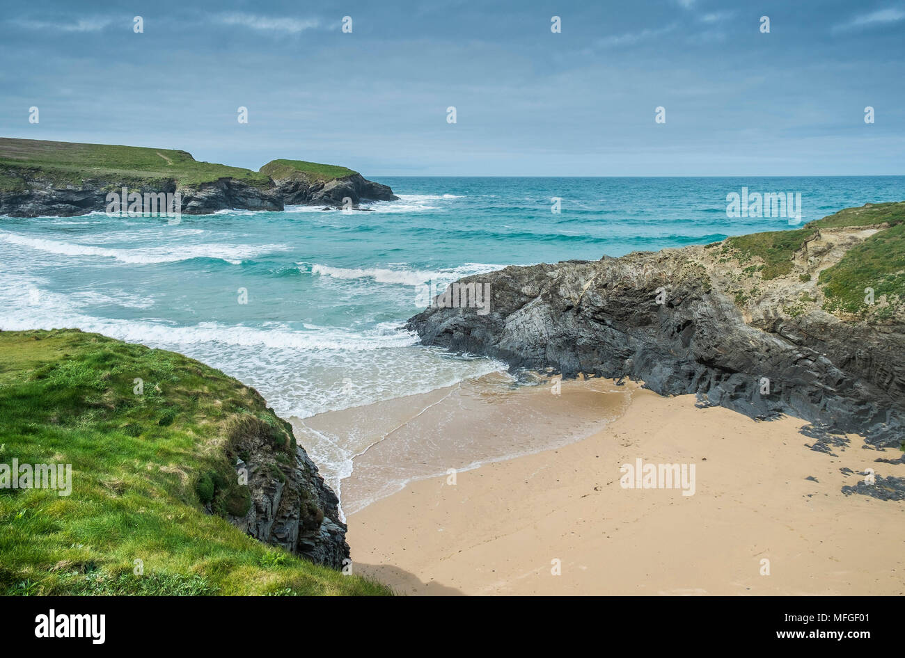 A small ecluded sandy cove in Treyarnon Bay on the North Cornwall coast ...
