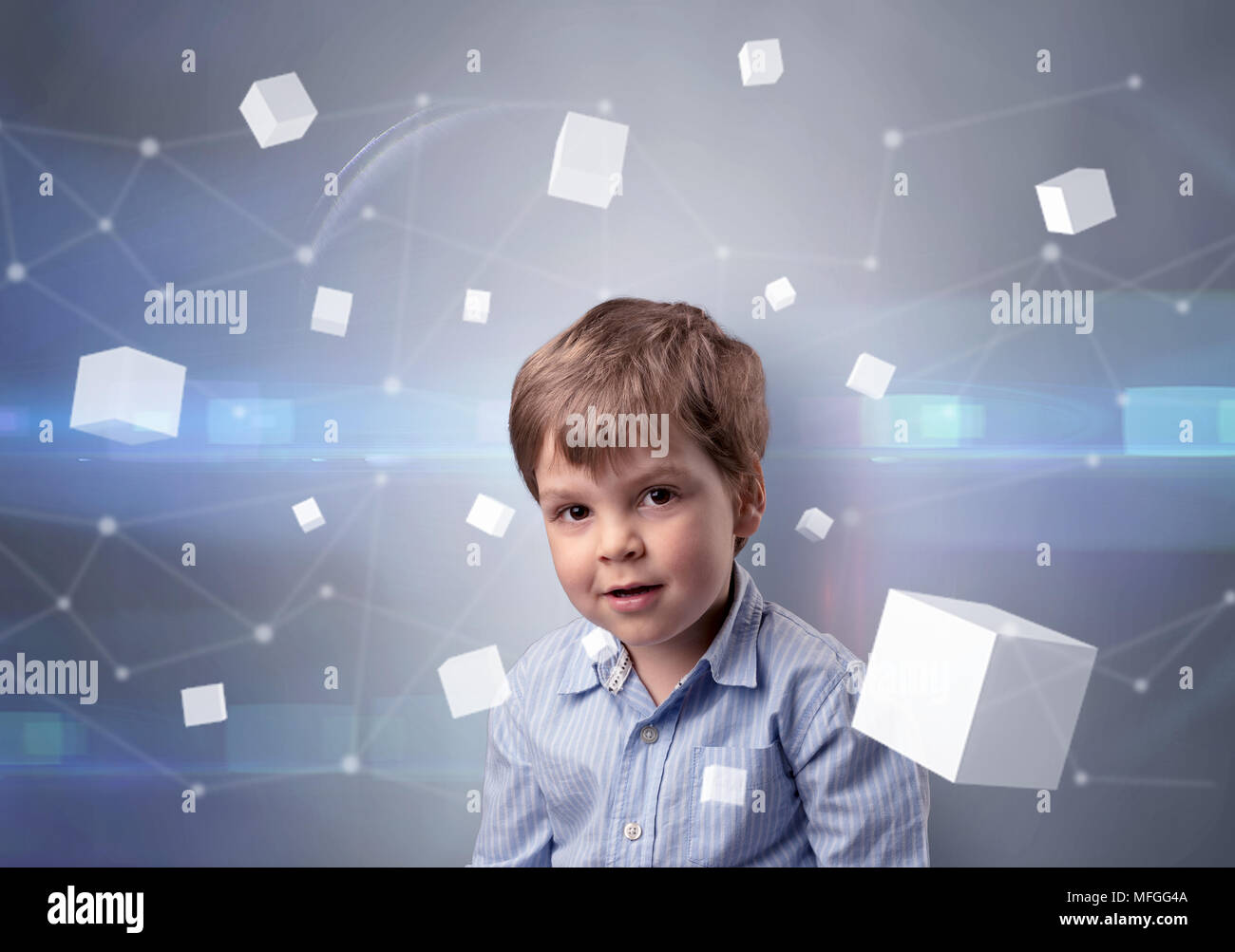 Little boy with luminous cubes around and 3D concept Stock Photo - Alamy