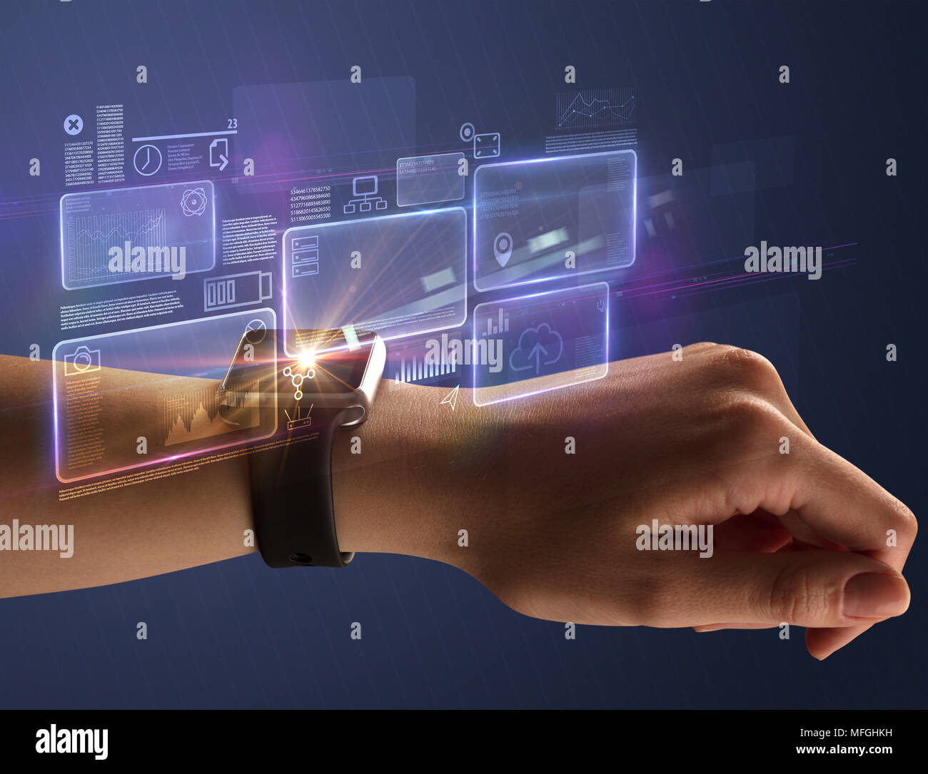 Female hand wearing smartwatch with statement labels around and dark ...