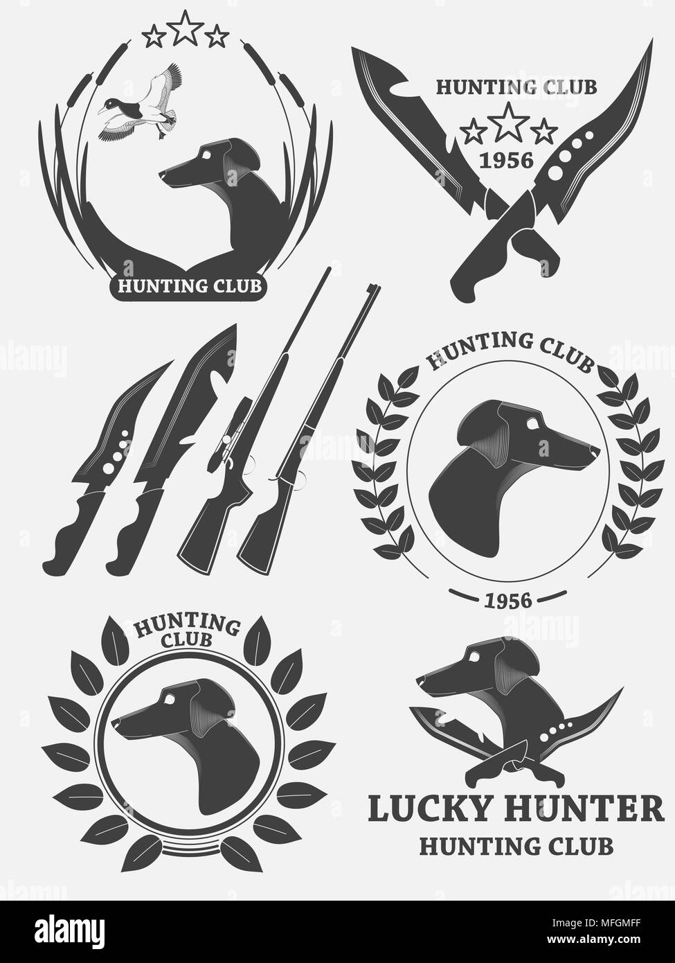 Set of hunting retriever logos, labels and badges. Dog, duck, weapons ...