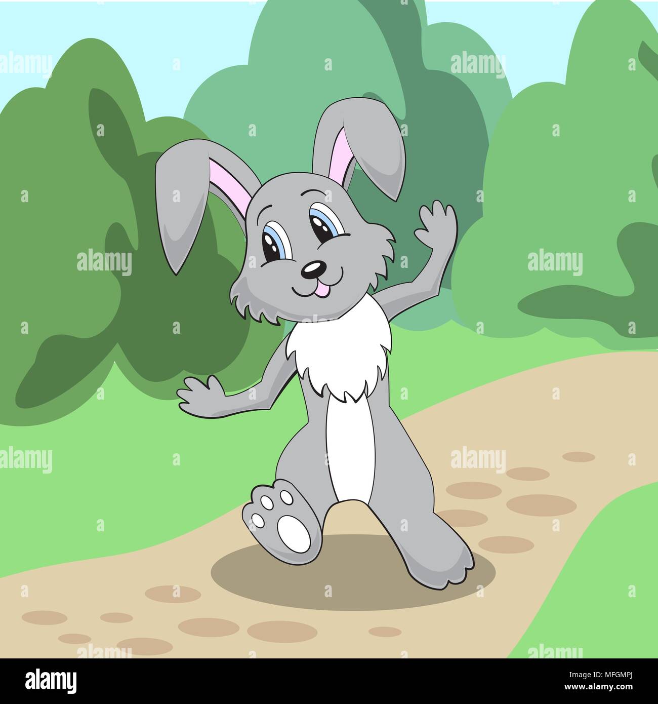 Cheerful rabbit walks on a path in the woods. Vector illustration Stock ...