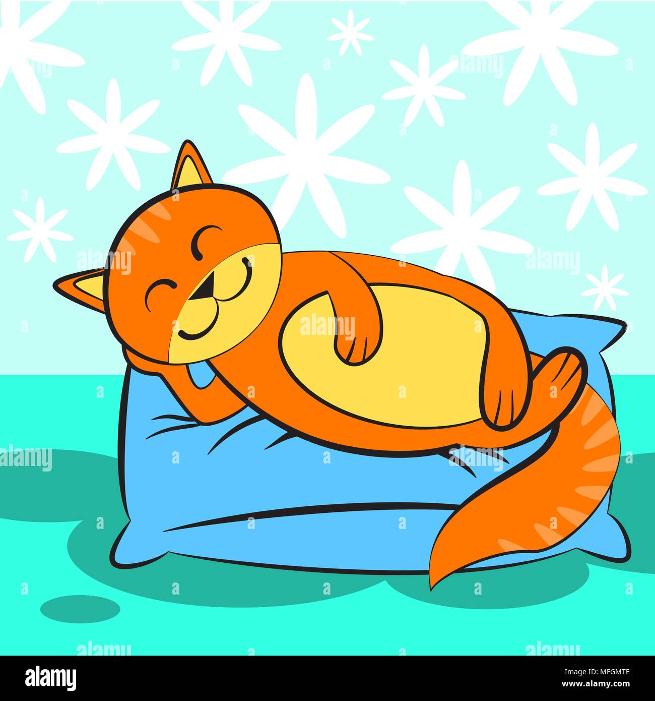 Cute orange cat sleeping on blue and a soft pillow. Vector illustration ...