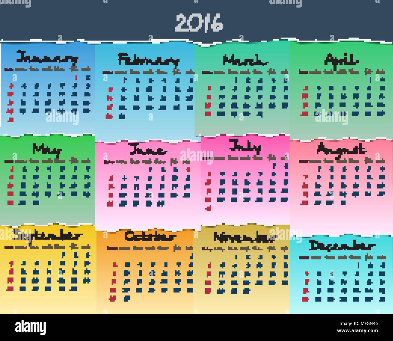 Simple colorful calendar for 2016. Week starts Sunday. Vector ...