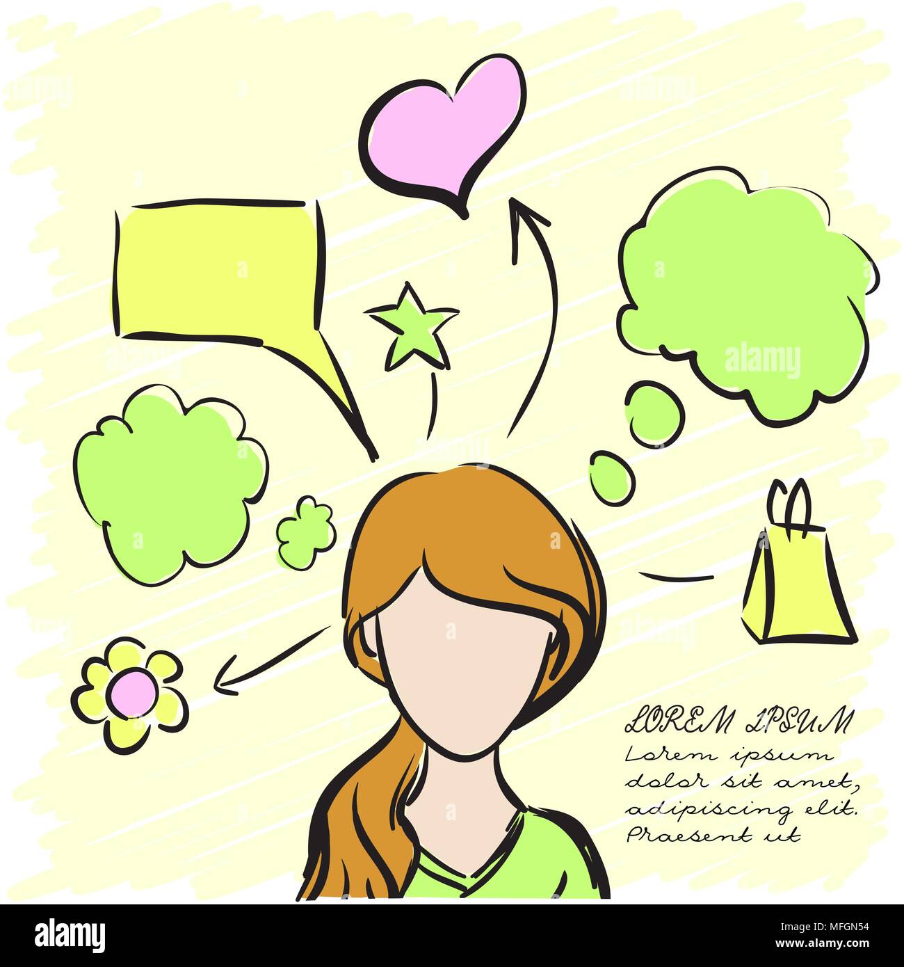 Silhouette of a beautiful girl with thoughts about everything. Vector ...