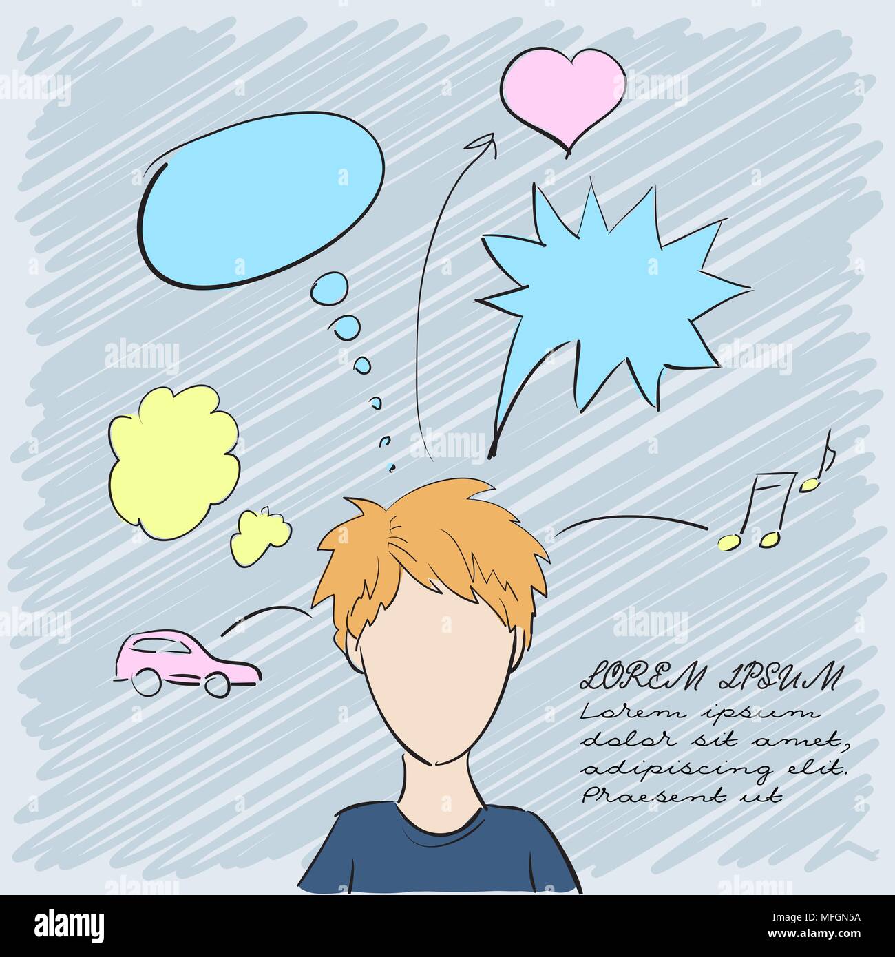 Silhouette of a beautiful boy with thoughts about everything. Vector ...