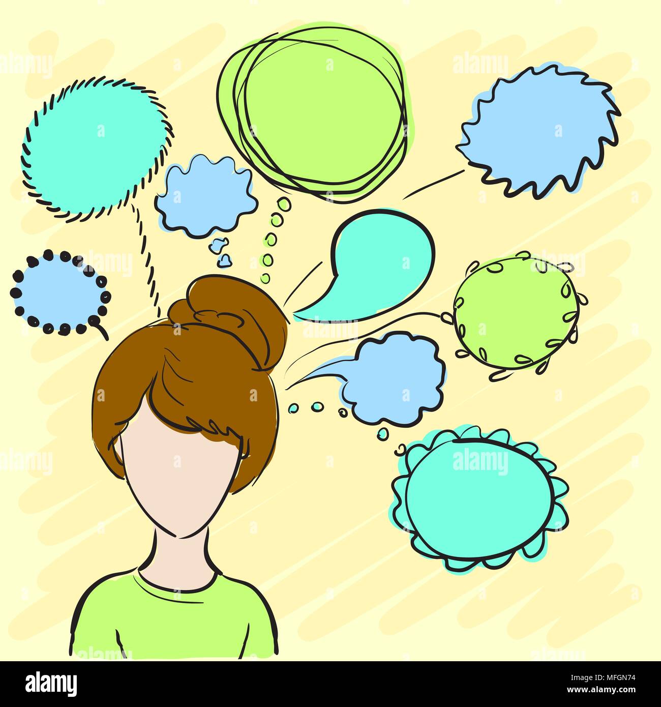 Silhouette of a beautiful girl with thoughts about everything. Vector ...