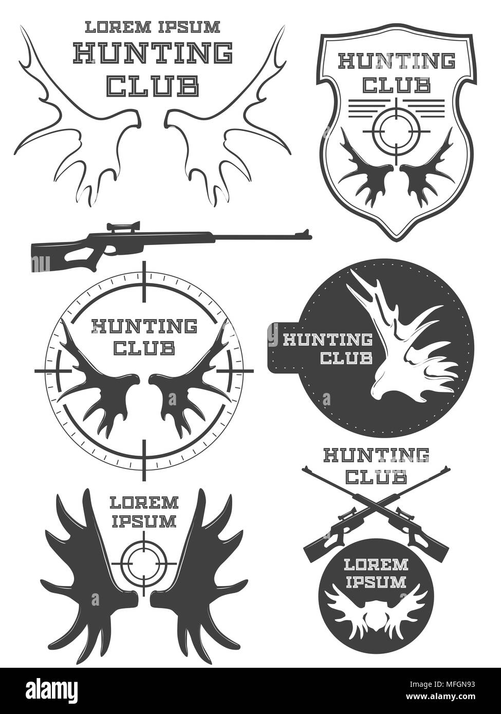 Set of vintage hunting logo, labels and badges. Deer. Horn. Weapon ...