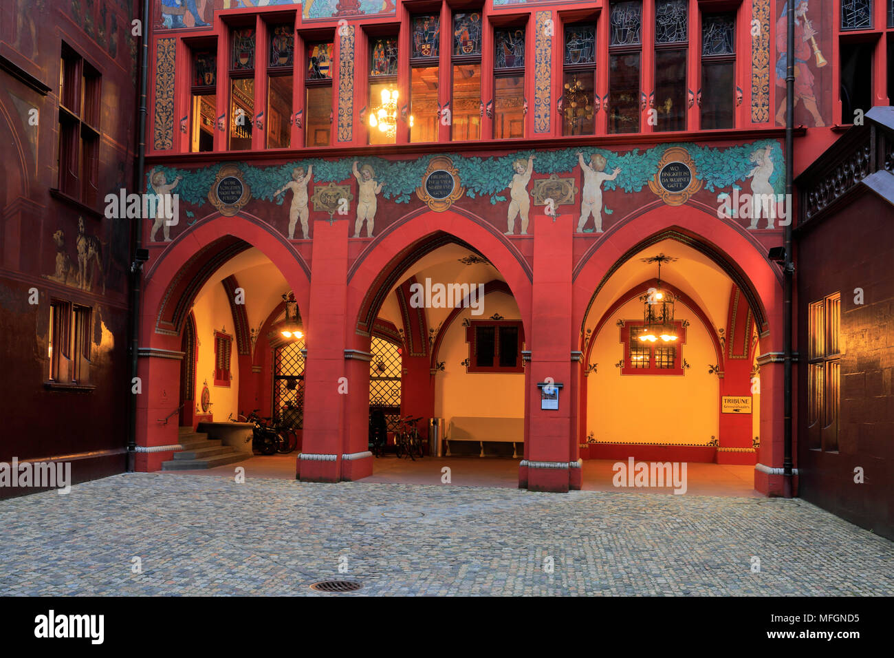 The colorful Rathaus building (town hall) Marketplaz, city of Basel ...