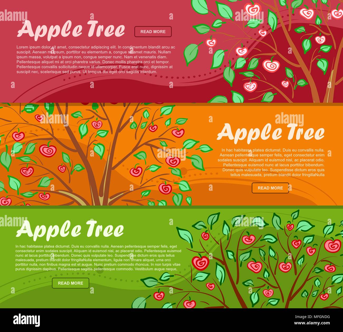 Three colorful banners with apple tree and place for your advertisement ...