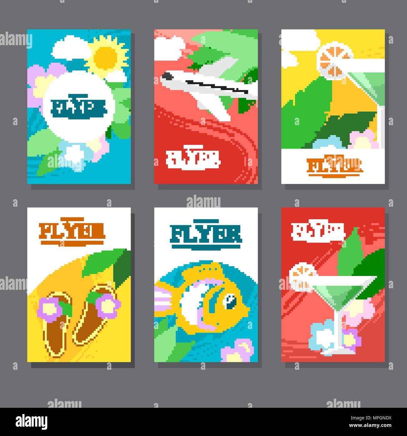 Collection of brightly colored rectangular card on travel and leisure ...