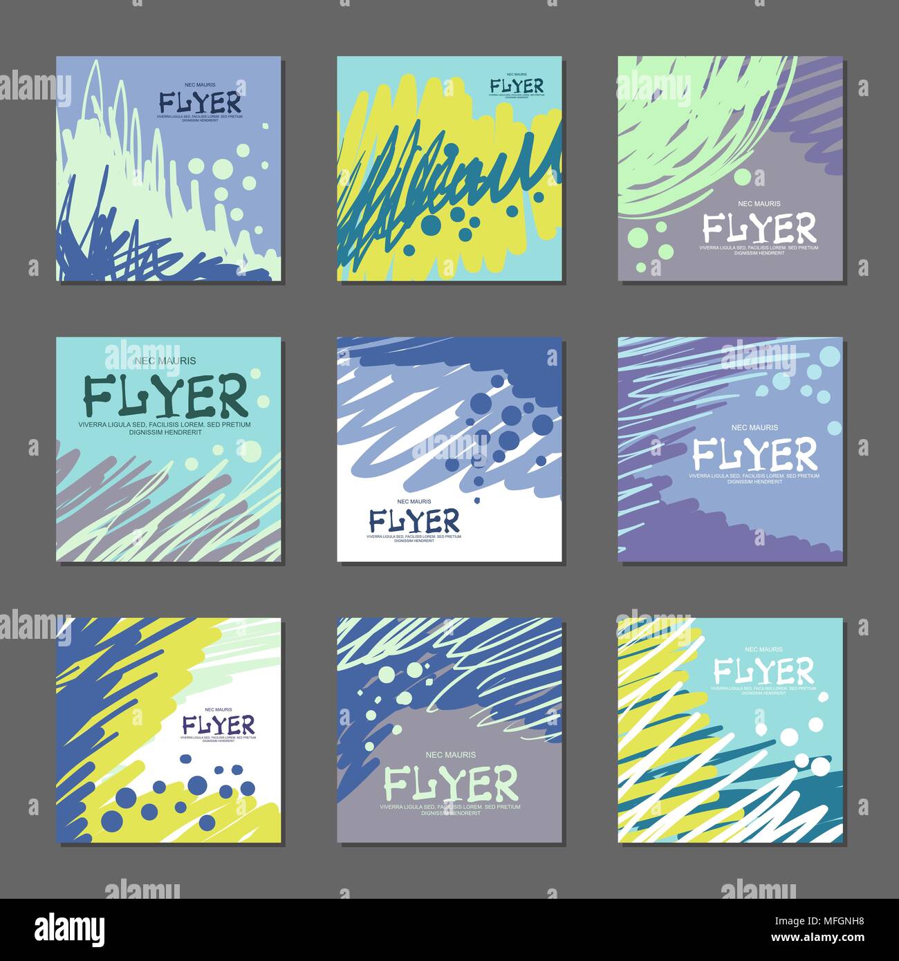 Collection of abstract postcards blue tones for your design. Hand-drawn ...