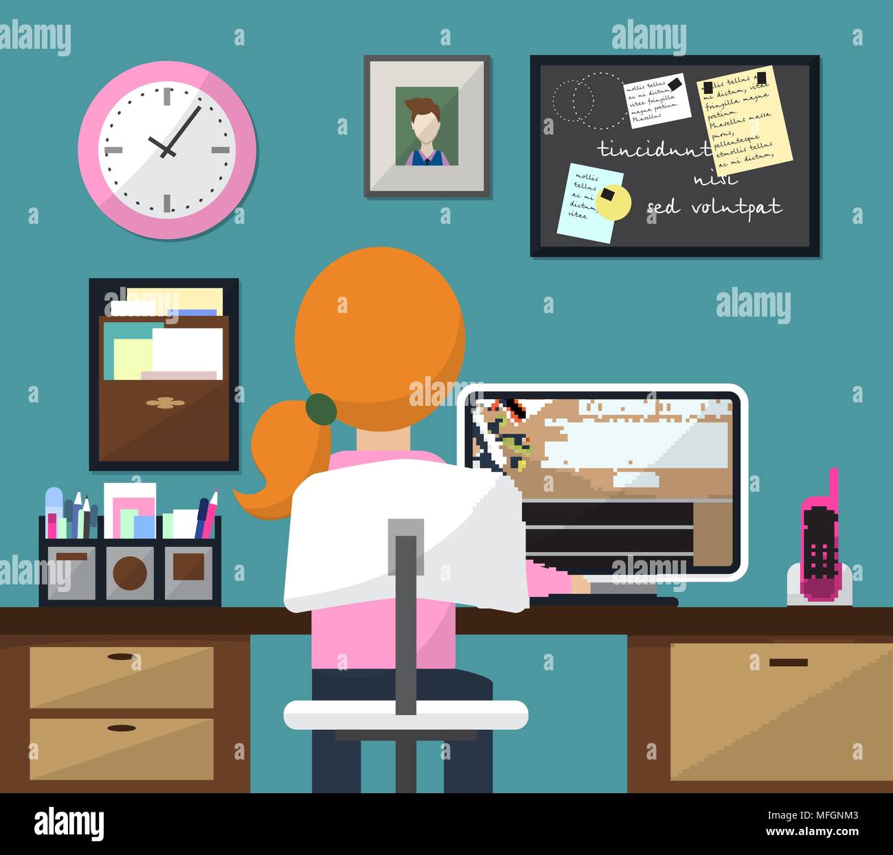 Flat design vector illustration of room with workspace. Girl at work ...
