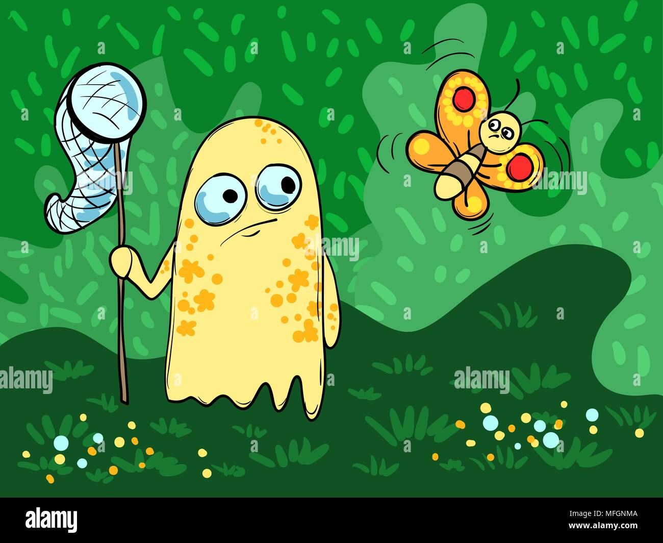 Illustration with cute monster and a butterfly on the background of ...