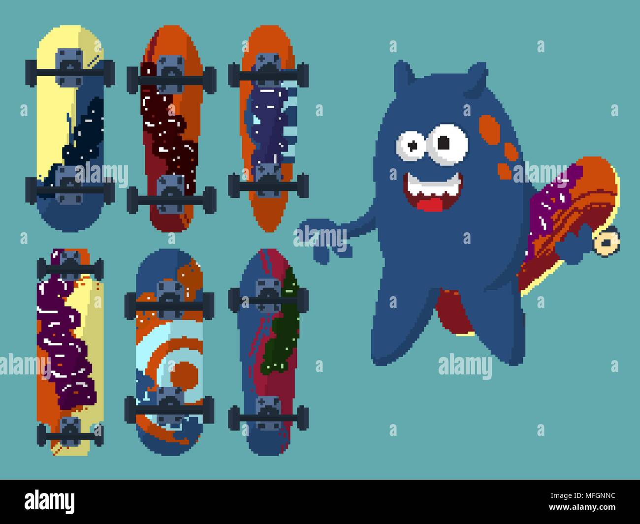 Collection of bright skateboard on a light background with a merry navy ...