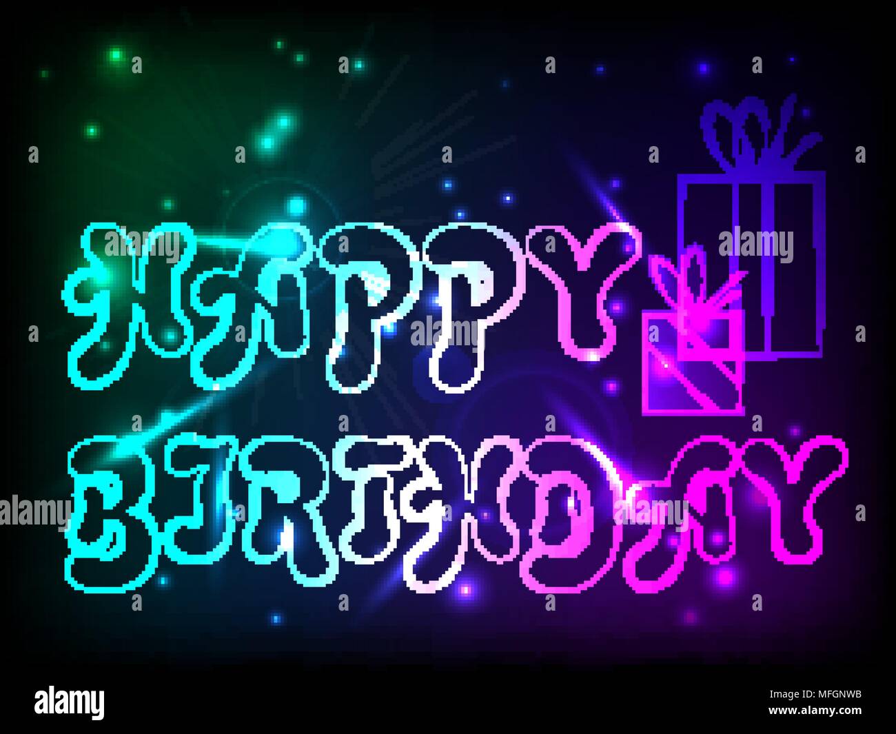 Birthday postcard with birthday greetings with neon glow effect. Vector ...