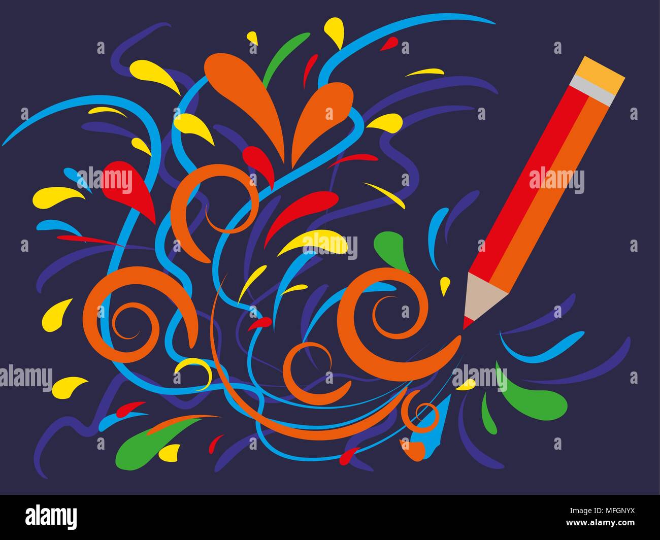 Multicolored curls draws a pencil. Advertising of the drawing shop ...