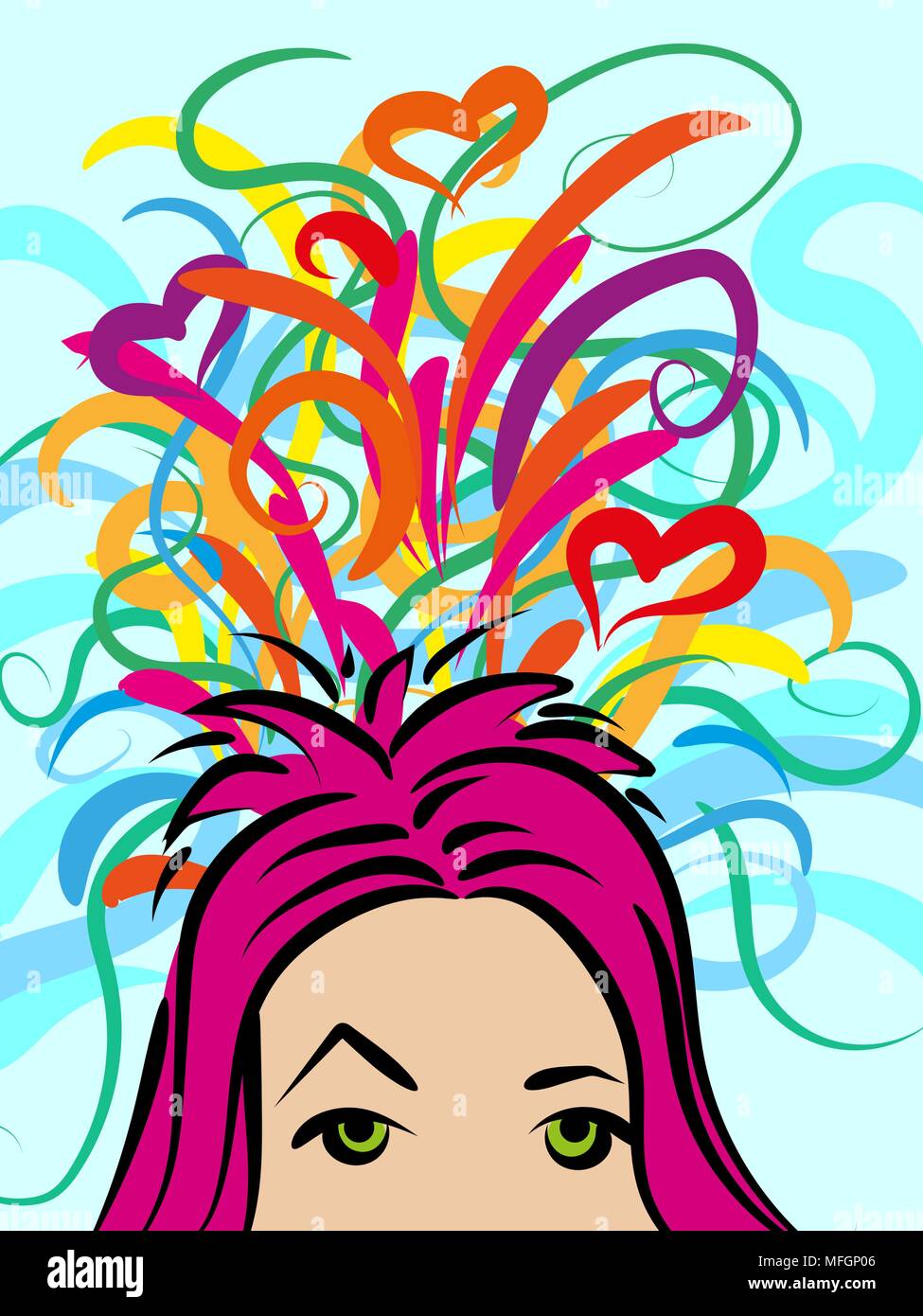A girl with thoughts about something, chaotic colorful ideas. Vector ...