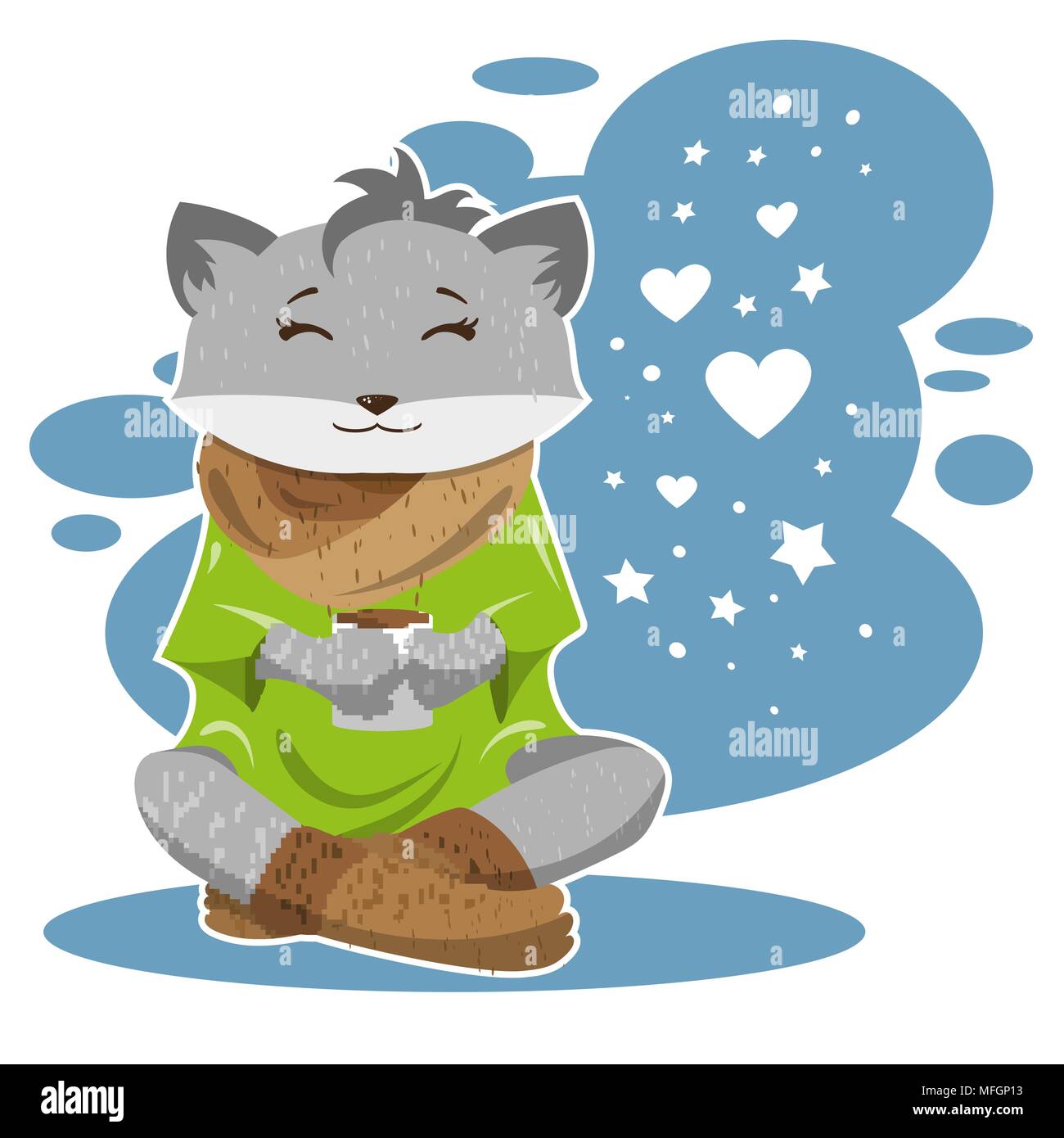 The fox in winter and cold drinks tea or coffee and thinks about love ...