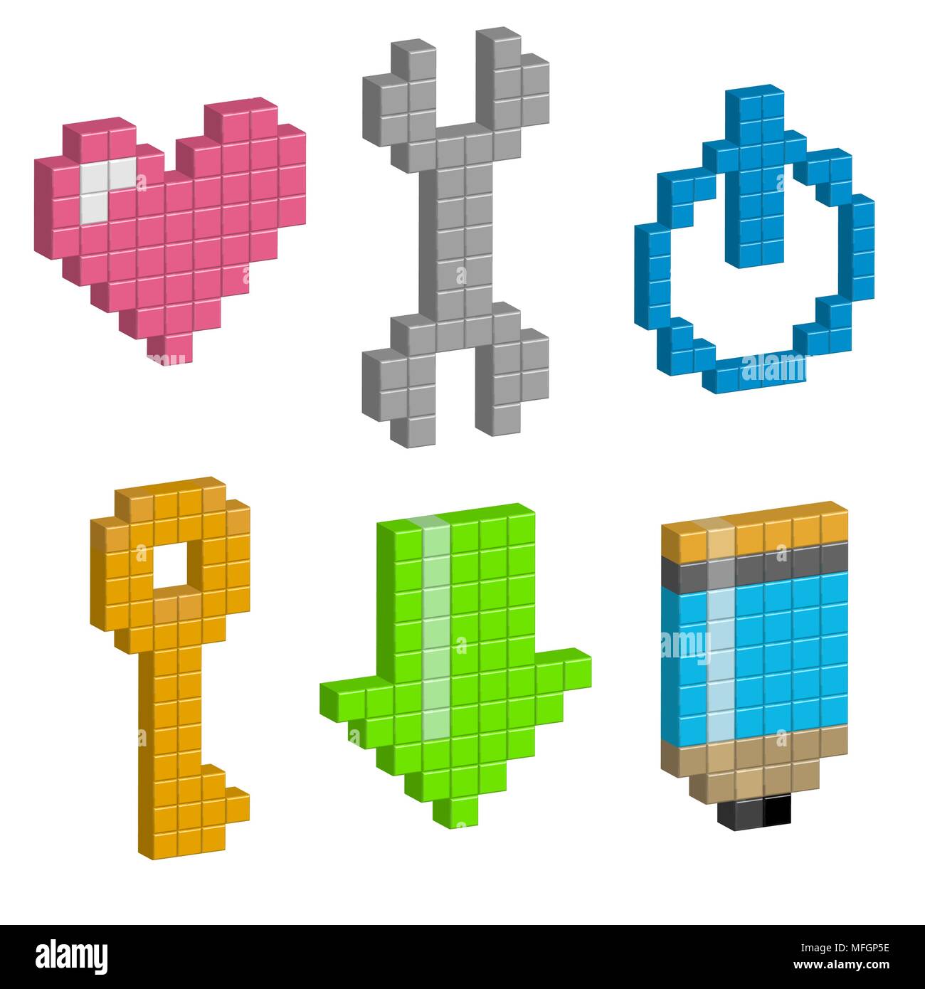 heart, wrench, power button load, pencil in pixel design. Vector ...