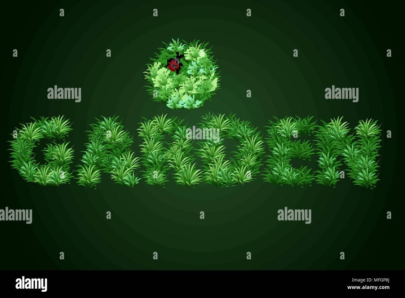 The word garden is written with a texture of grass with a ladybug on ...