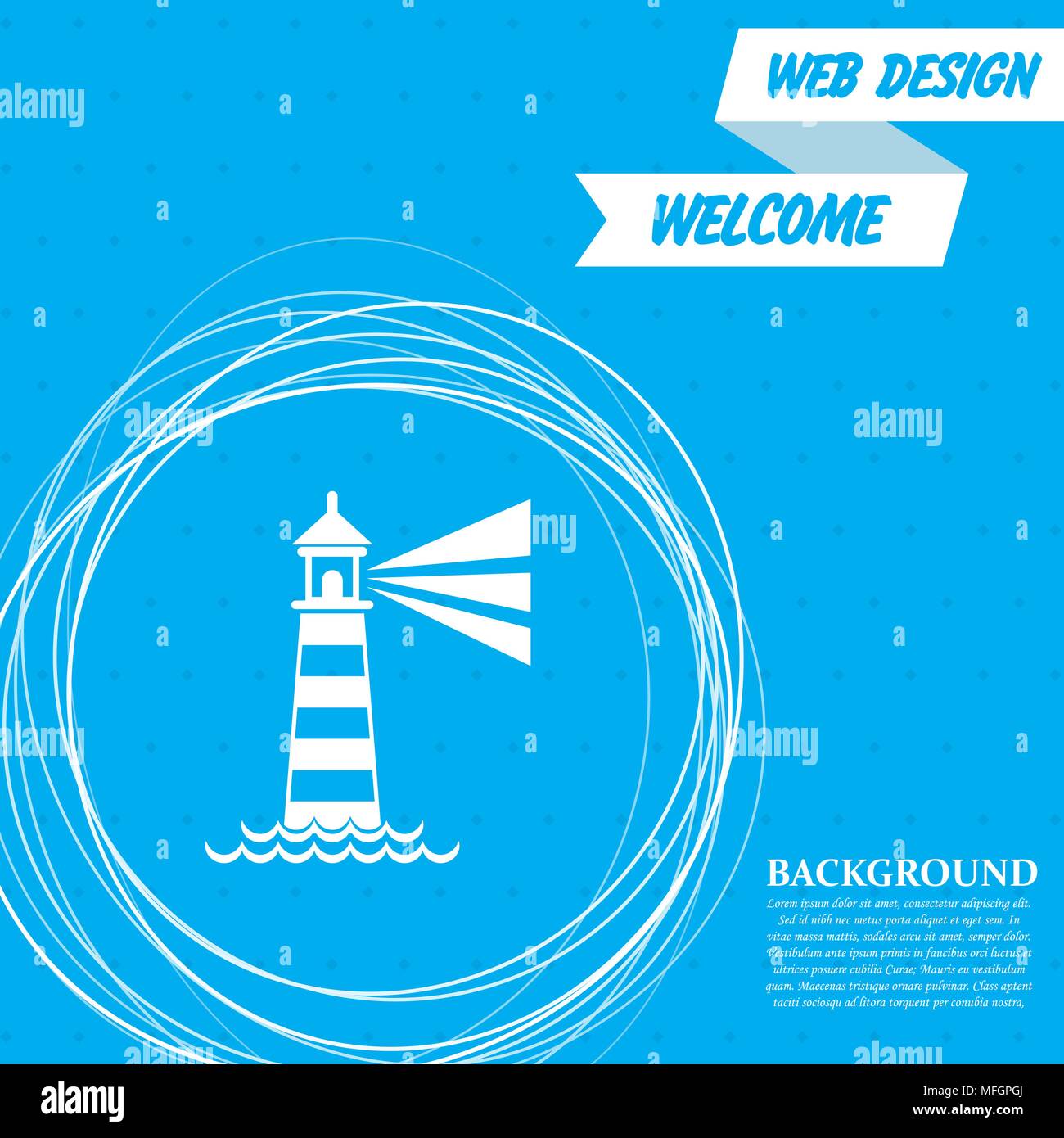 Lighthouse icon on a blue background with abstract circles around and ...