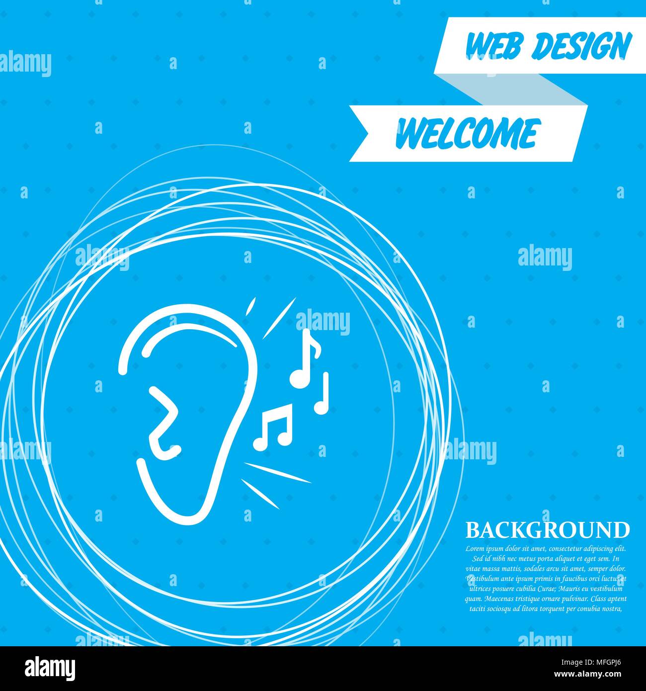 Ear listen sound signal icon on a blue background with abstract circles ...