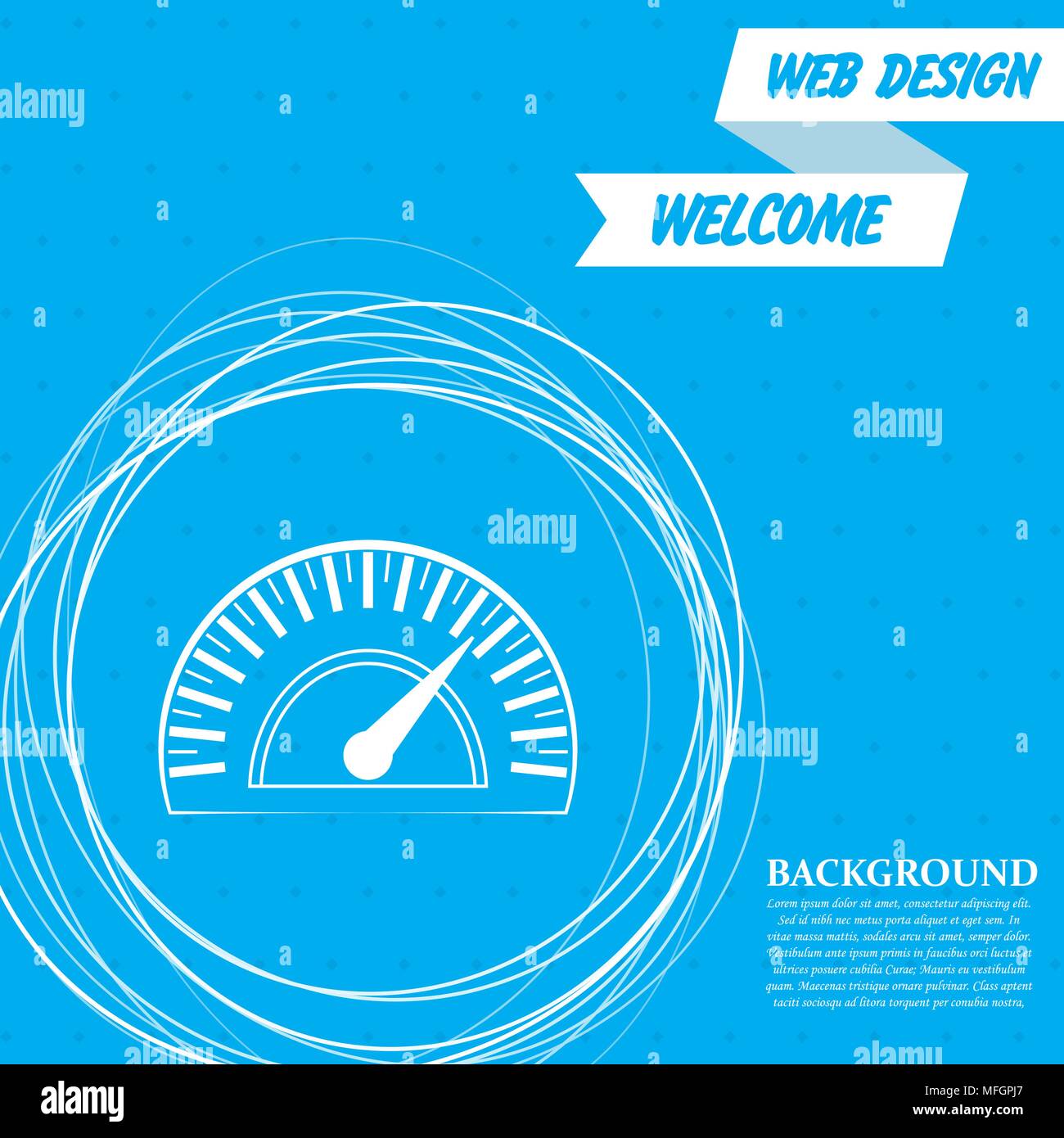 Speedometer icon on a blue background with abstract circles around and ...