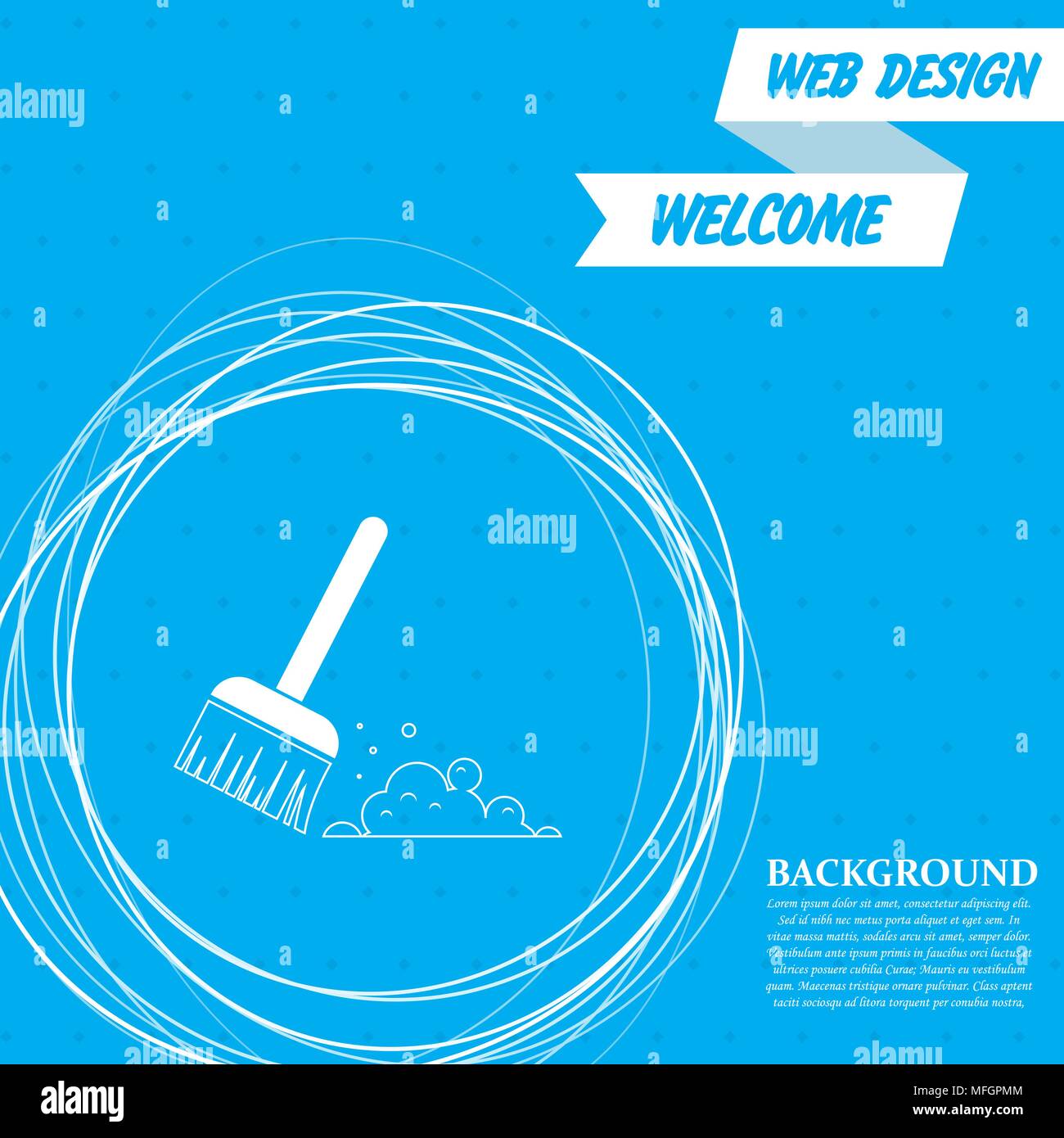 Broom icon on a blue background with abstract circles around and place ...