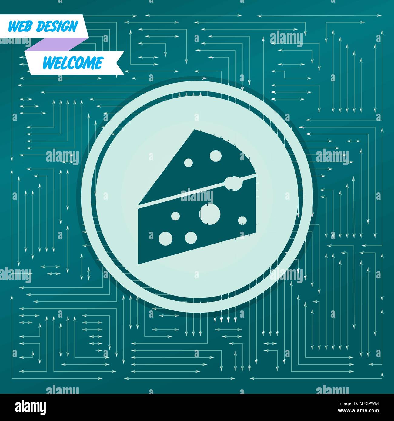 Cheese icon on a green background, with arrows in different directions ...