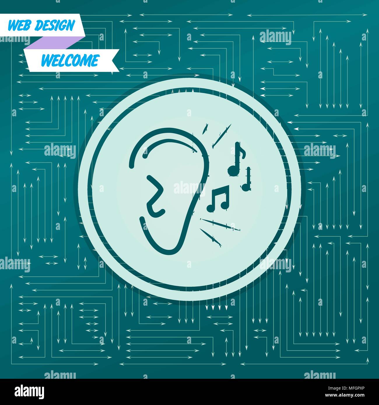 Ear listen sound signal icon on a green background, with arrows in ...