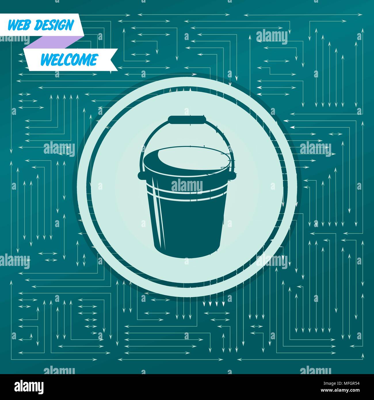 Bucket icon on a green background, with arrows in different directions ...