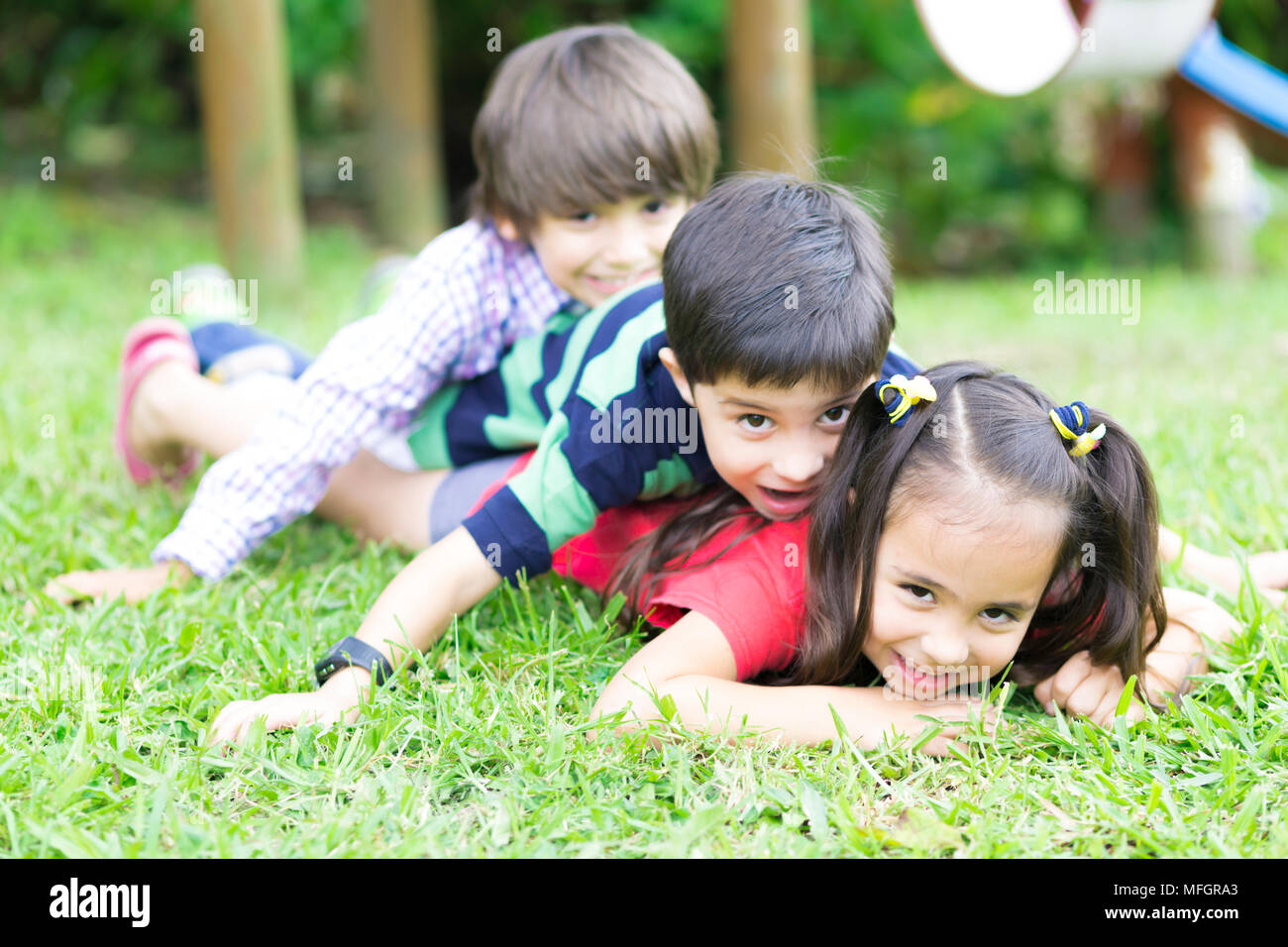 Happy children having fun on the grass in the park Stock Photo - Alamy