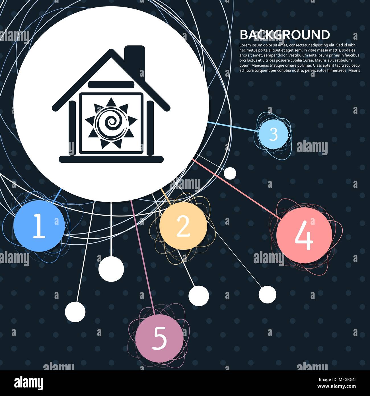 warm Home icon with the background to the point and with infographic ...