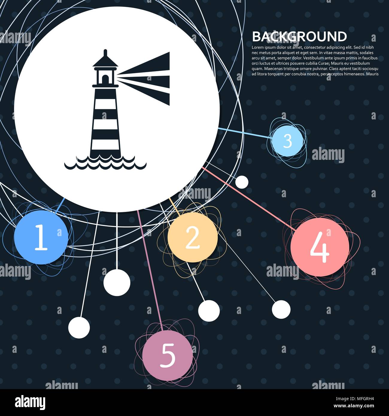 Lighthouse icon with the background to the point and with infographic ...