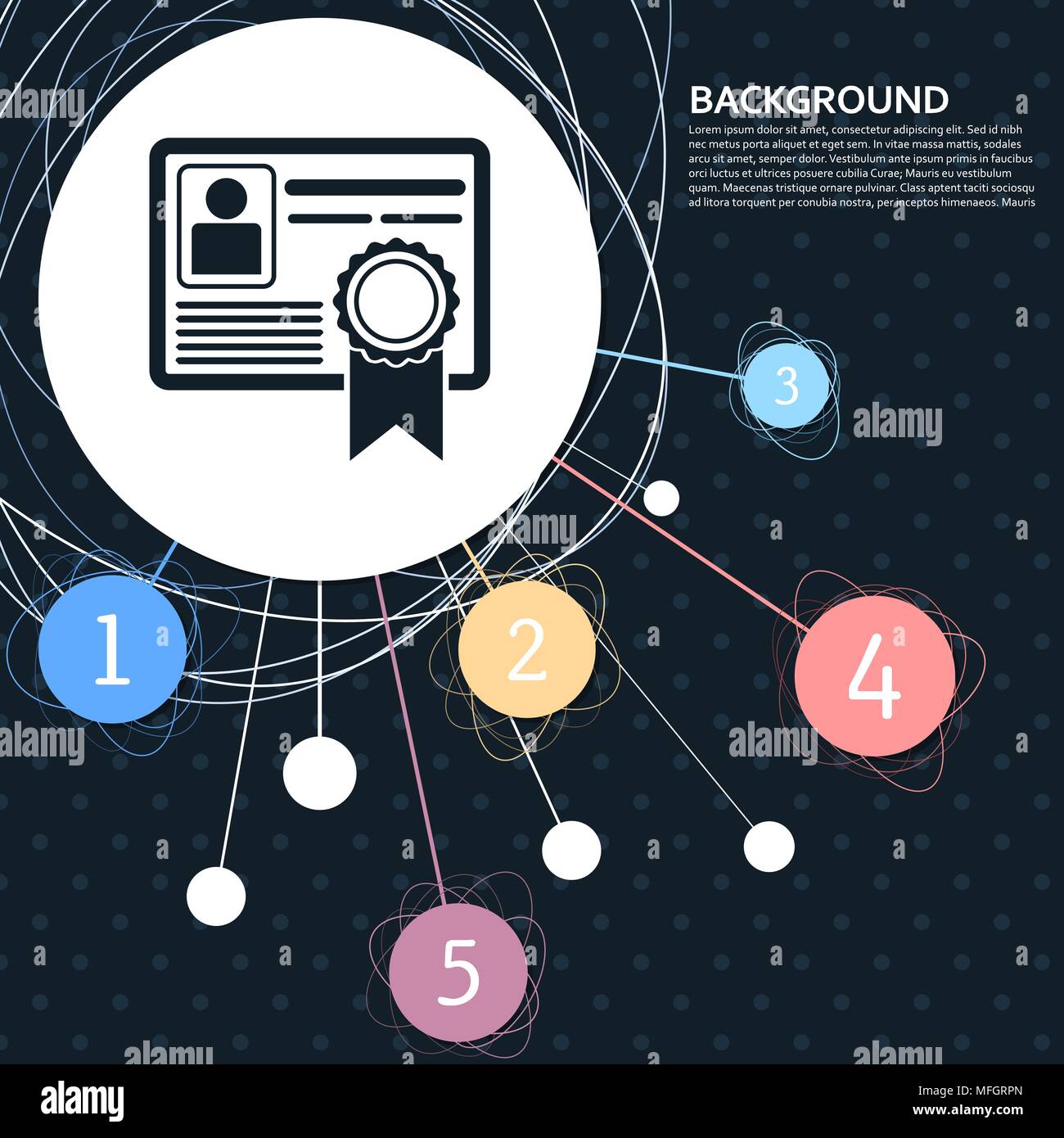 certificate icon with the background to the point and with infographic ...