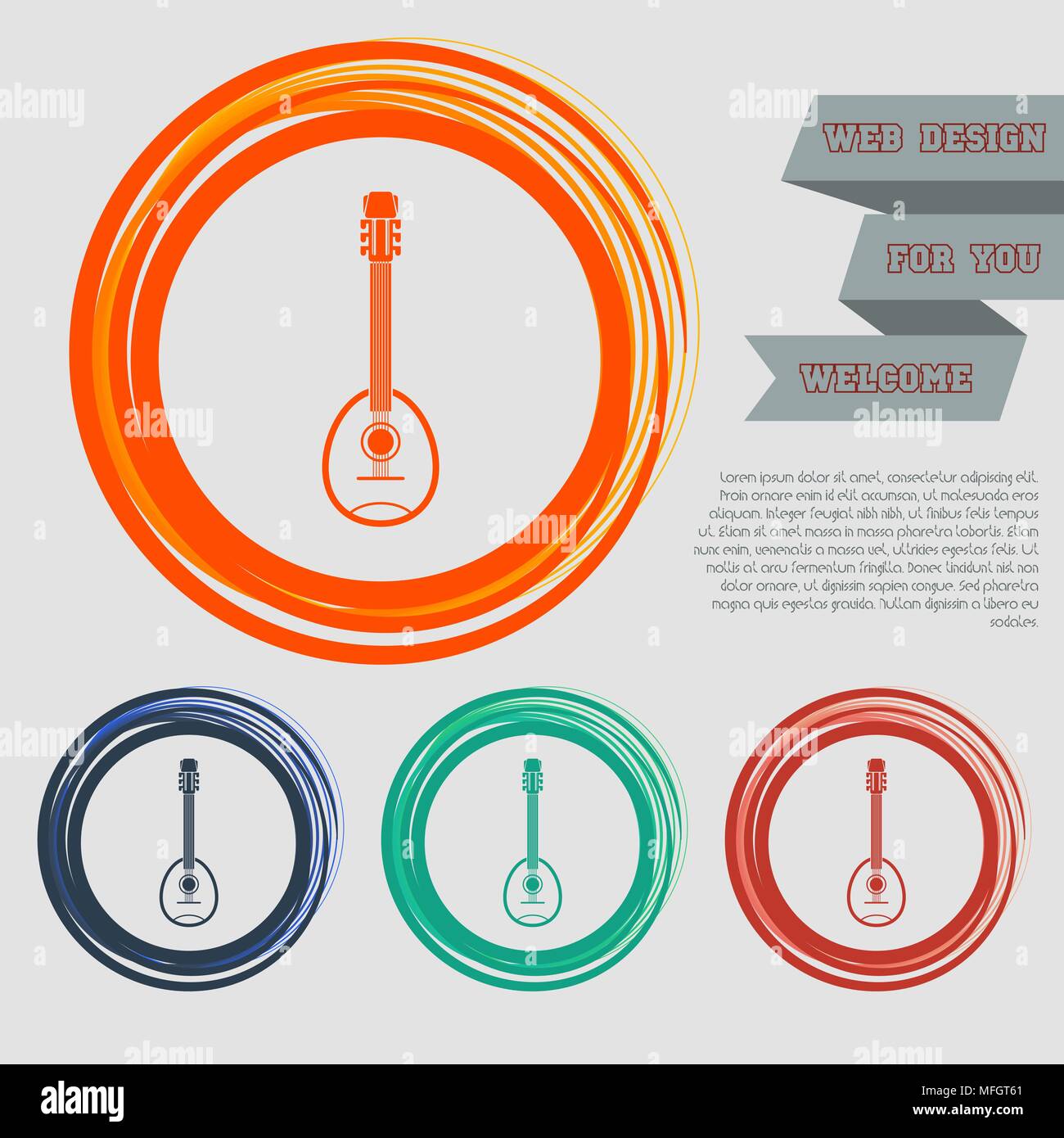 Guitar, music instrument icon on the red, blue, green, orange buttons ...