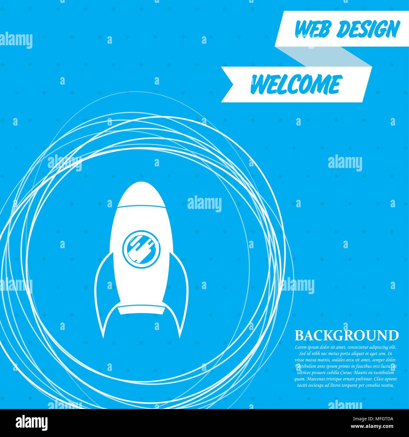 Rocket icon on a blue background with abstract circles around and place ...
