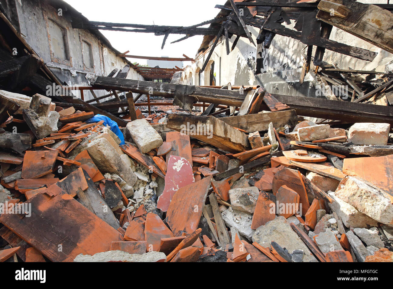 Collapsed Roof and Burned Wooden Structure in Factory After Fire Stock ...