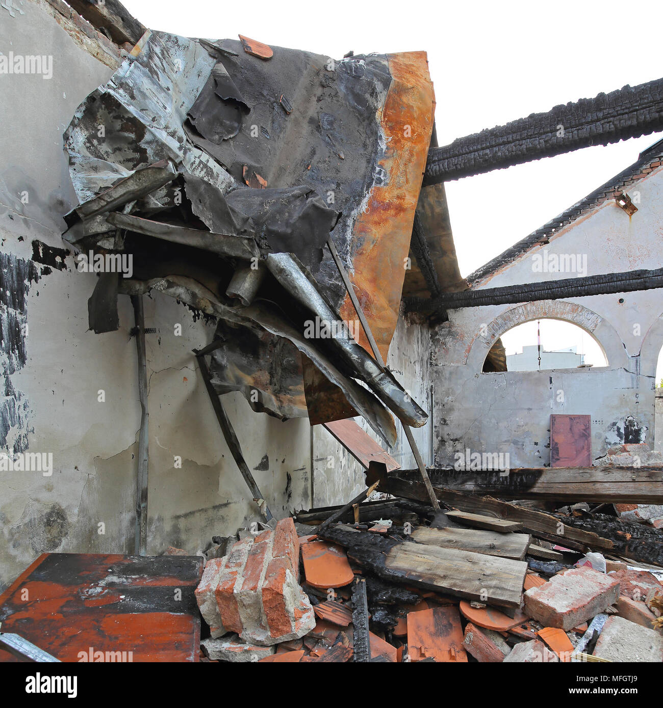 Burned Wooden Structure in Factory After Fire Disaster Stock Photo - Alamy