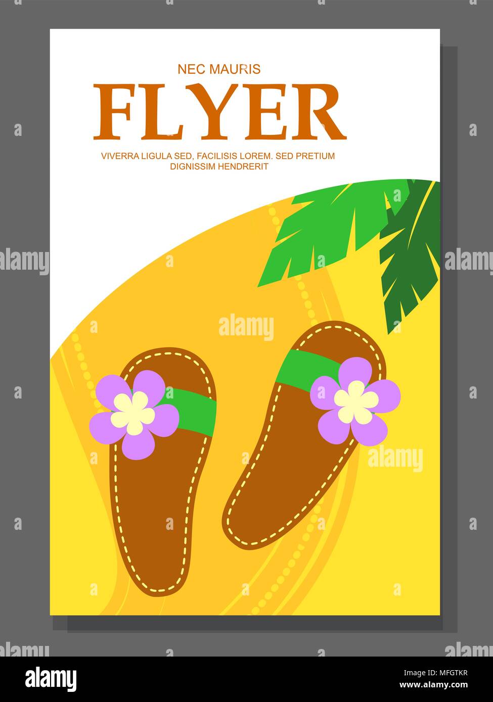 Flyer with Beach shoes on the sandy background. Slippers near palms ...