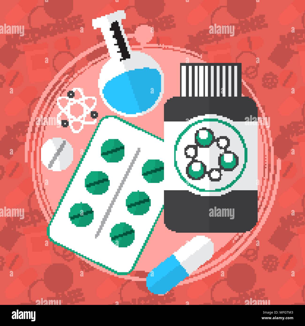 Medicine flat icons set. Pills box, tablets, pill, blister vitamins ...