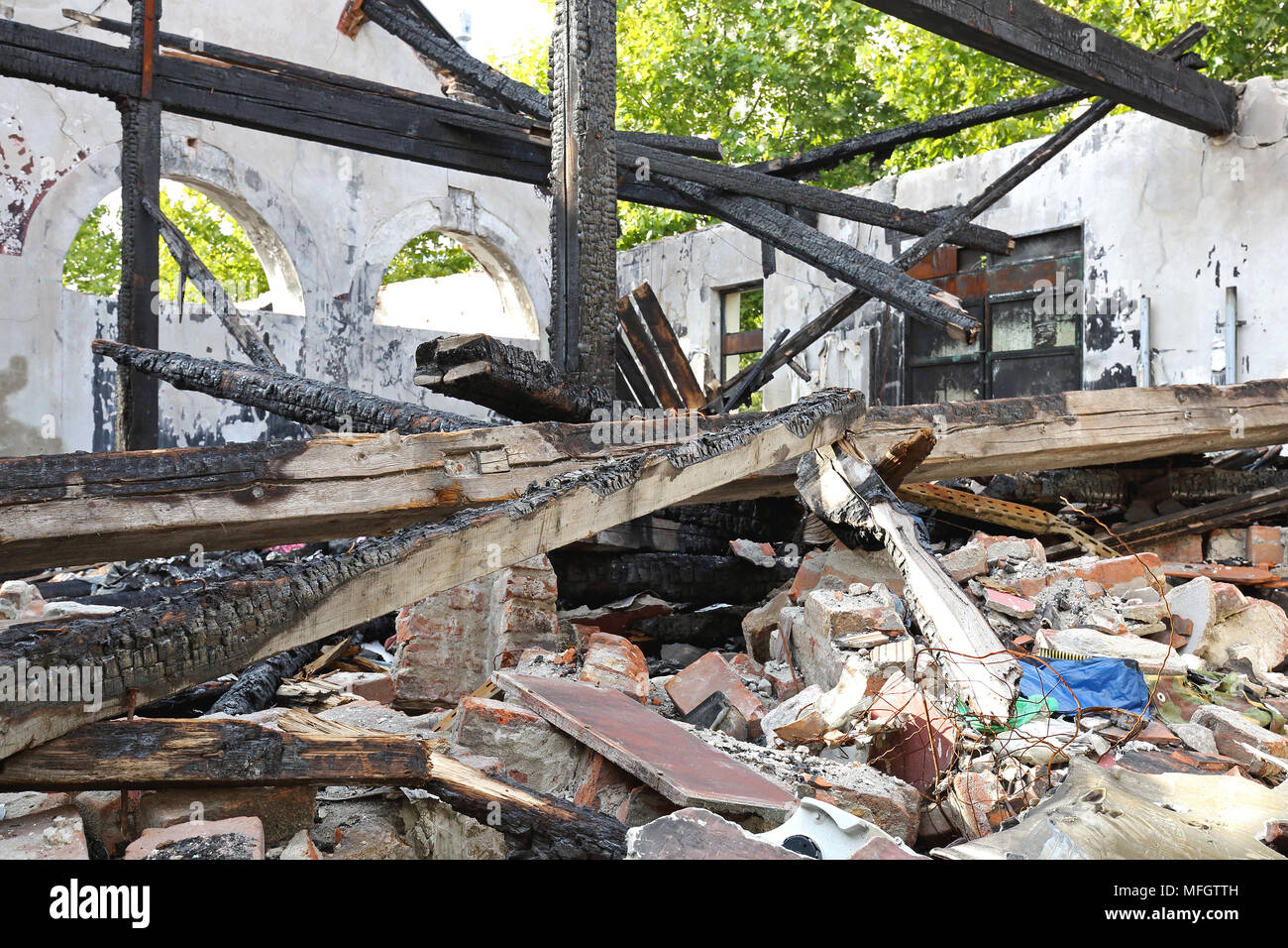 Collapsed Roof and Burned Wooden Beams in Factory After Fire Stock ...