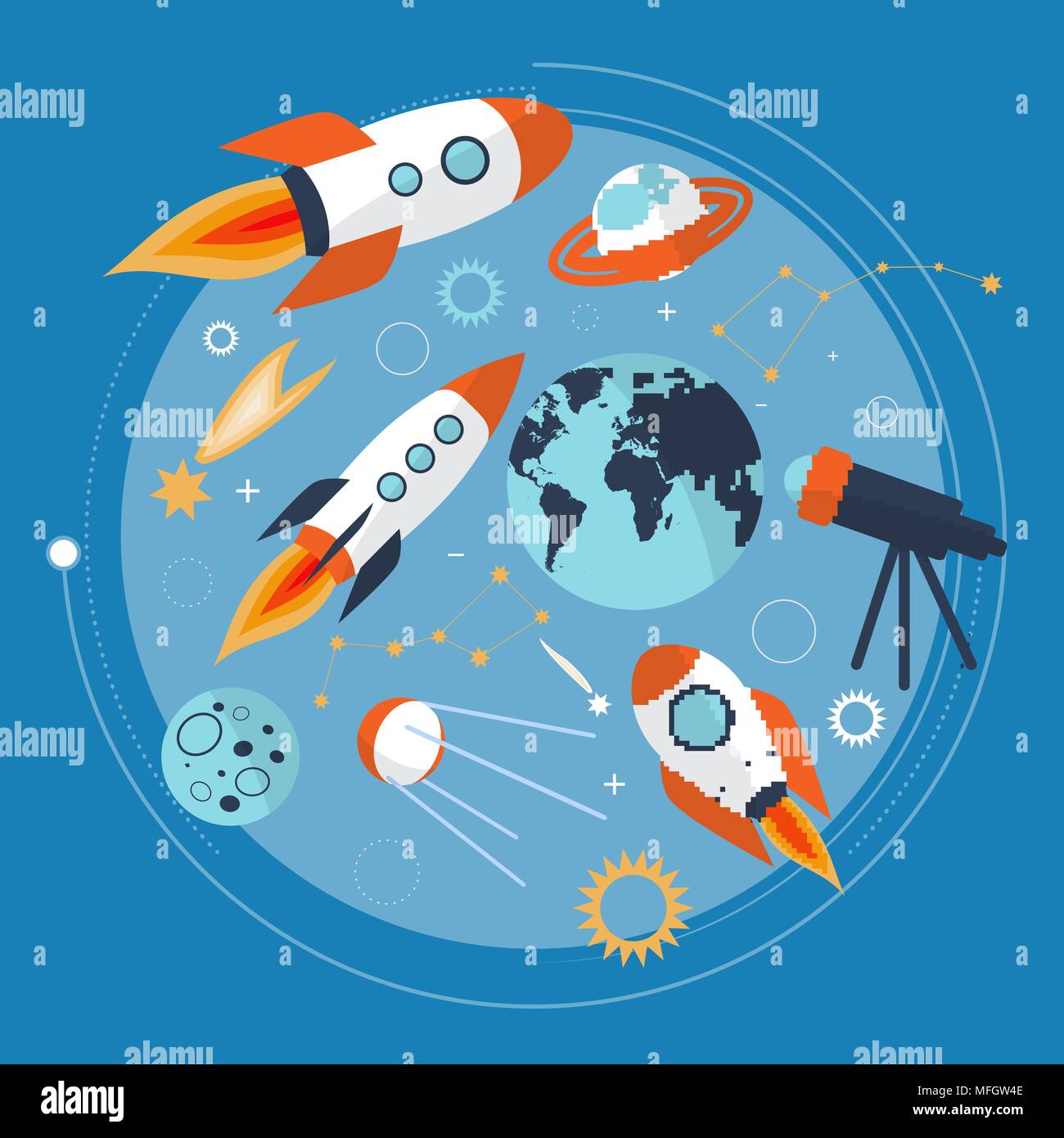 Collection of spaceship, planets and stars. Cartoon space icons. Hand ...