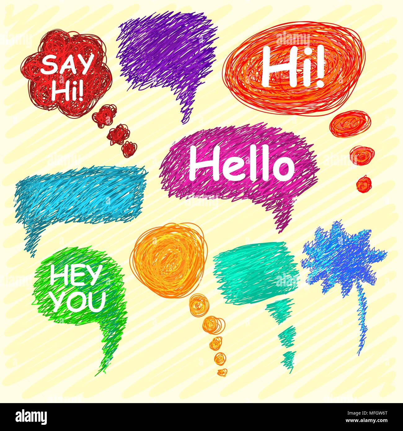 Set of bright speech bubbles hand-drawn on a light background. Vector ...