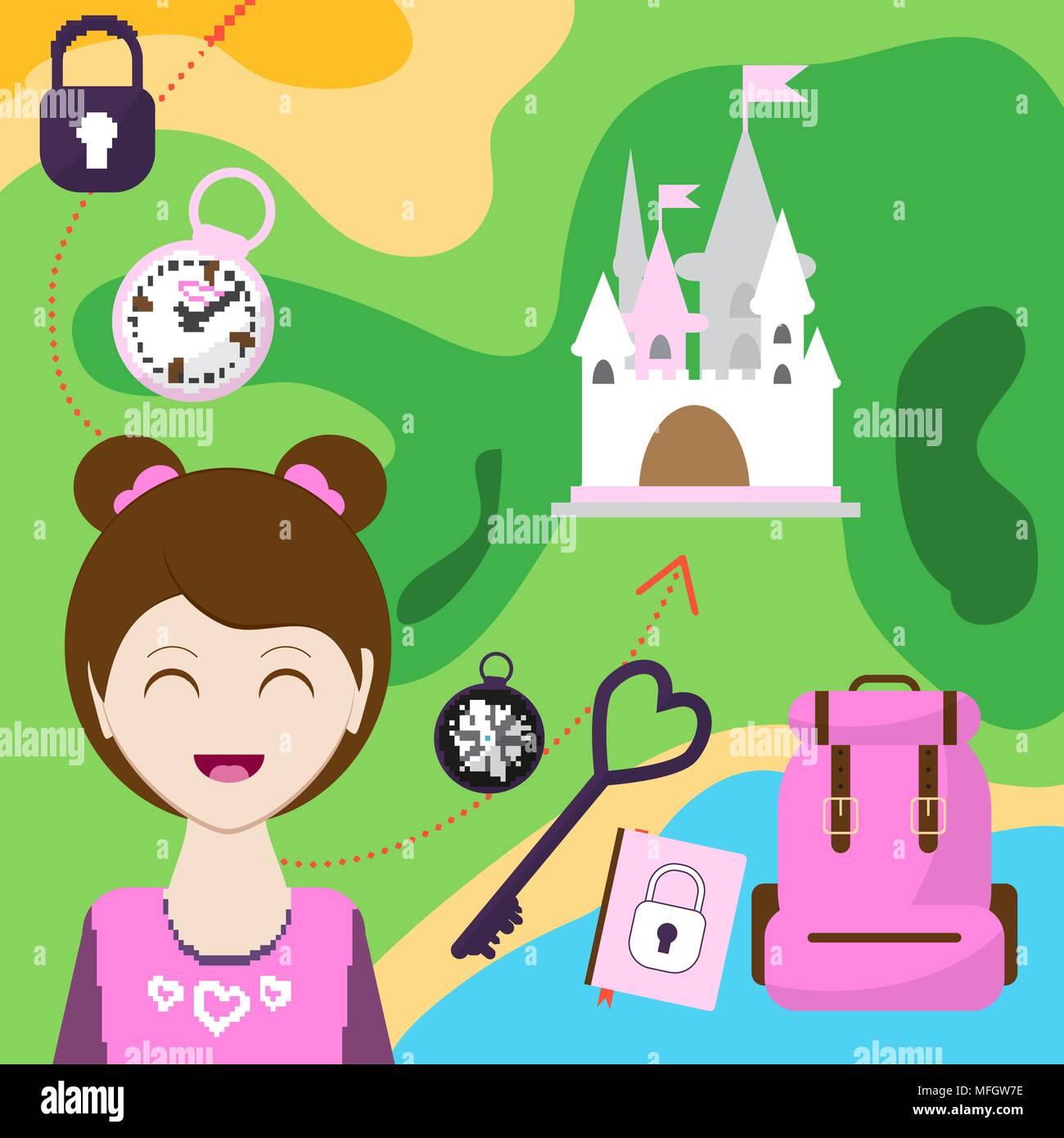 map with a girl, backpack and other items. Map of passage to the castle ...