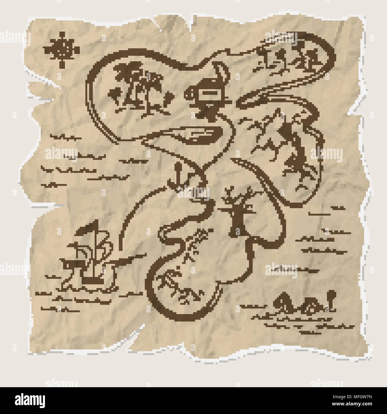 Pirate treasure map of the island on old paper. Vector illustration ...