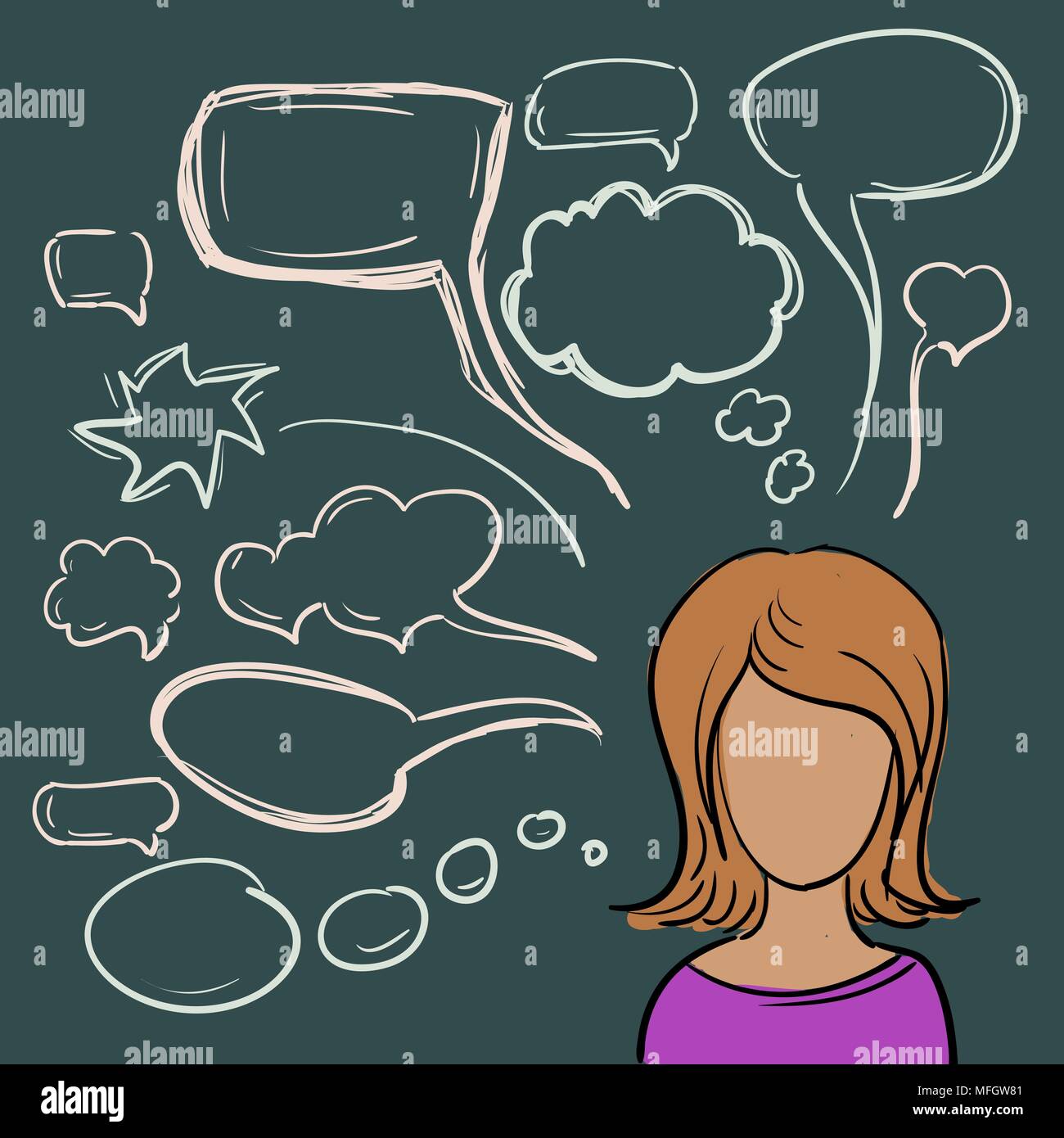 Beautiful cartoon girl with different thoughts on a dark background ...