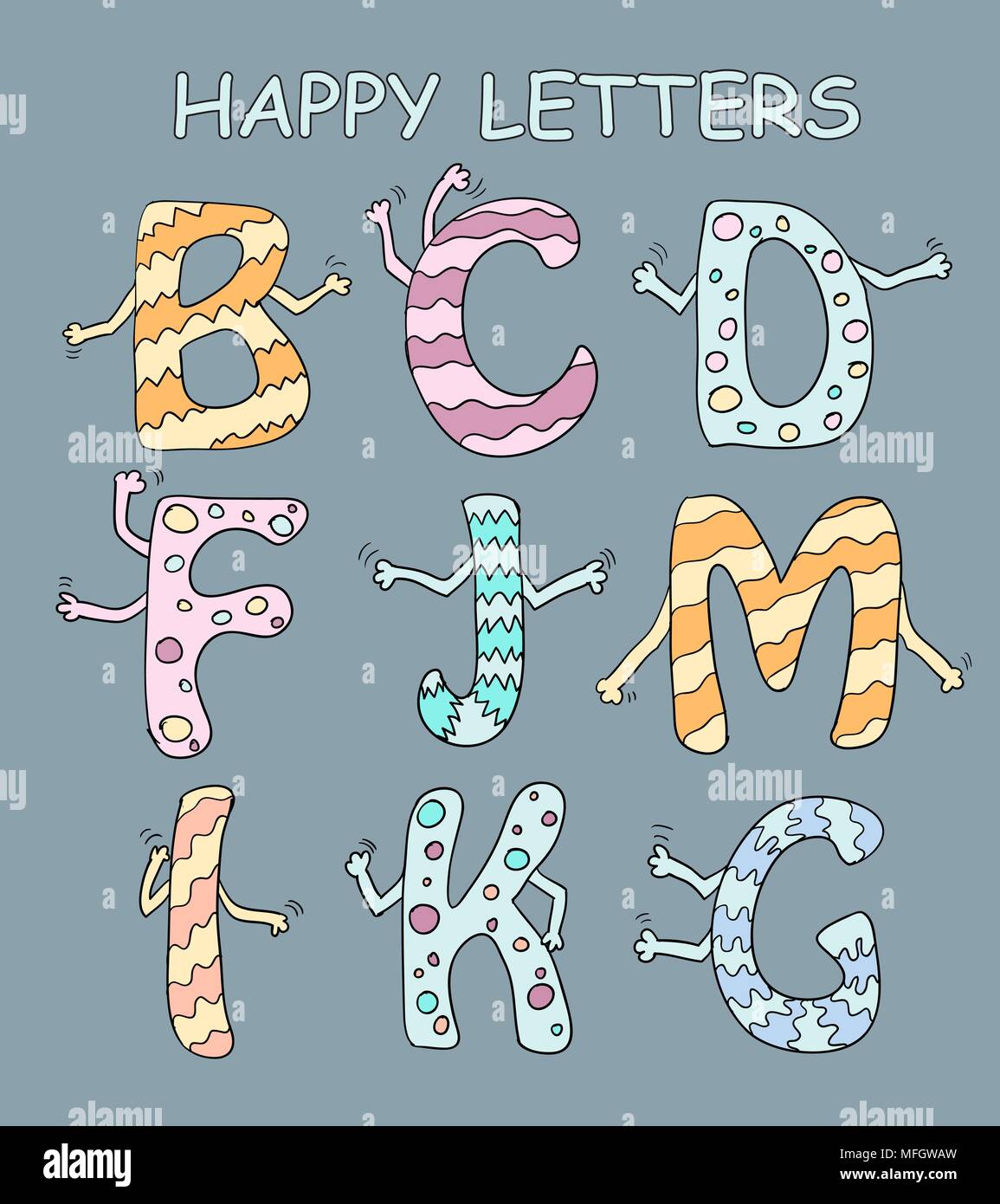 Set of bright cartoon letters with hands on a dark background for your ...