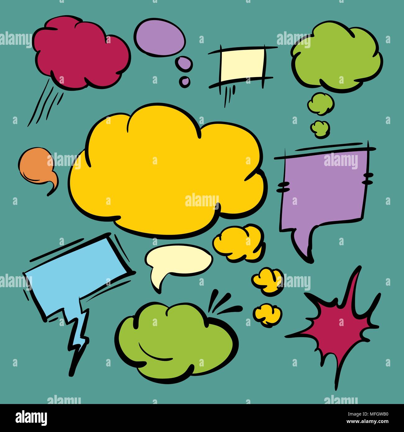 Set of cartoon speech bubbles on a green background. Vector ...