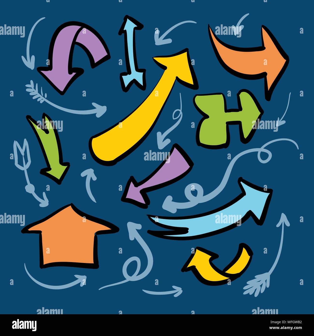 Collection of brightly colored arrows on a blue background. Vector ...